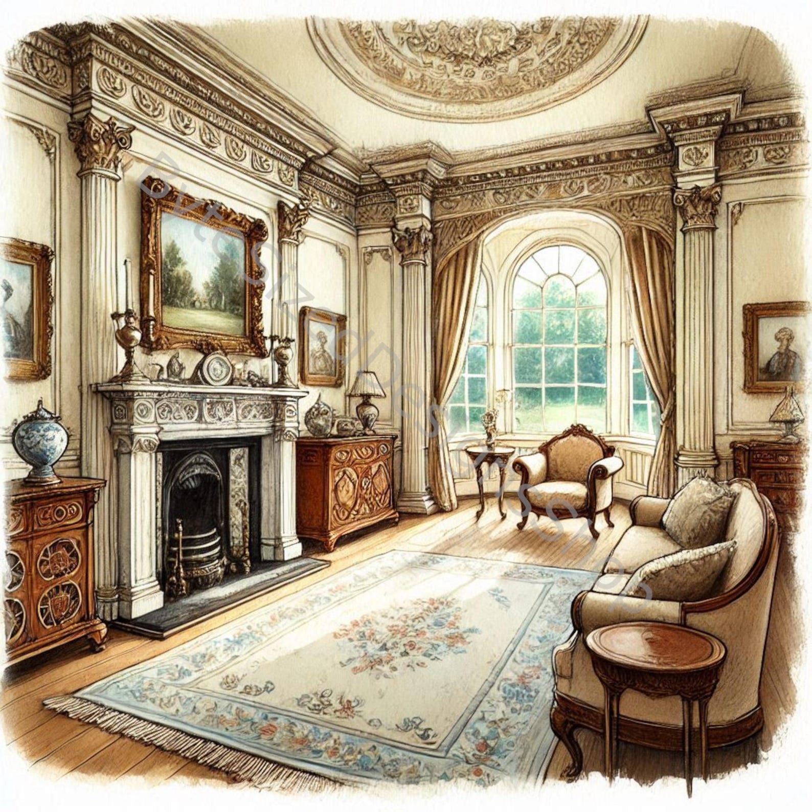 Georgian Living Room Watercolor Clip Art: High-res Jpgs (digital ...