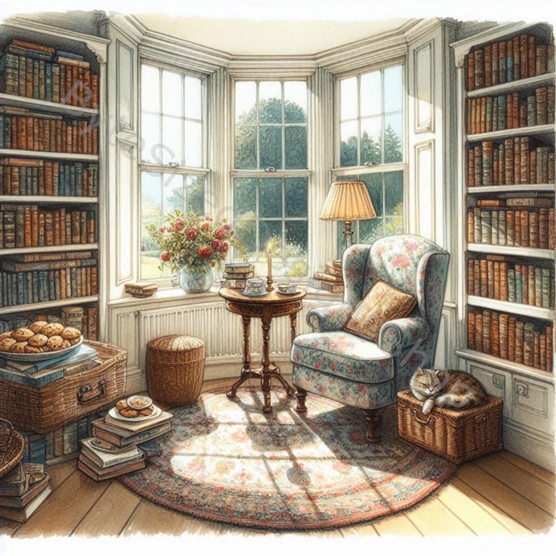 Cozy Reading Nook Watercolor Clip Art: Junk Journaling (digital ...