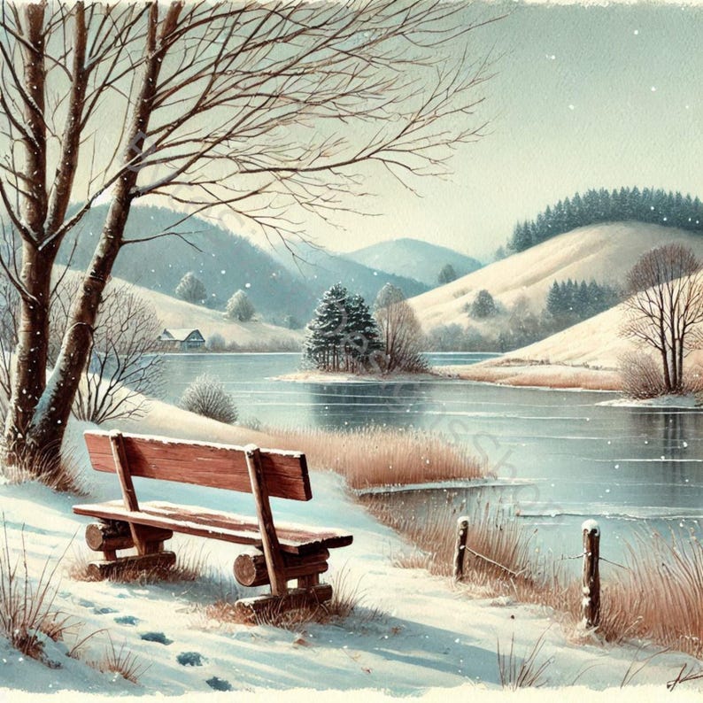 Snowy Horizons Watercolor Clip Art: Winter Cottage Scene (digital ...
