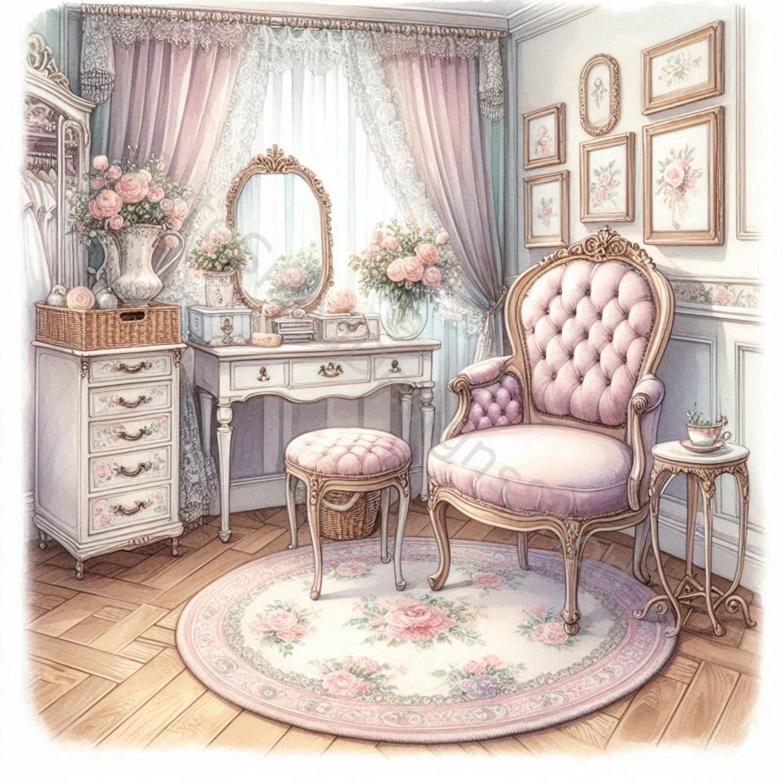 Parisian Dressing Room Watercolor Clipart: High-res Jpgs (digital ...