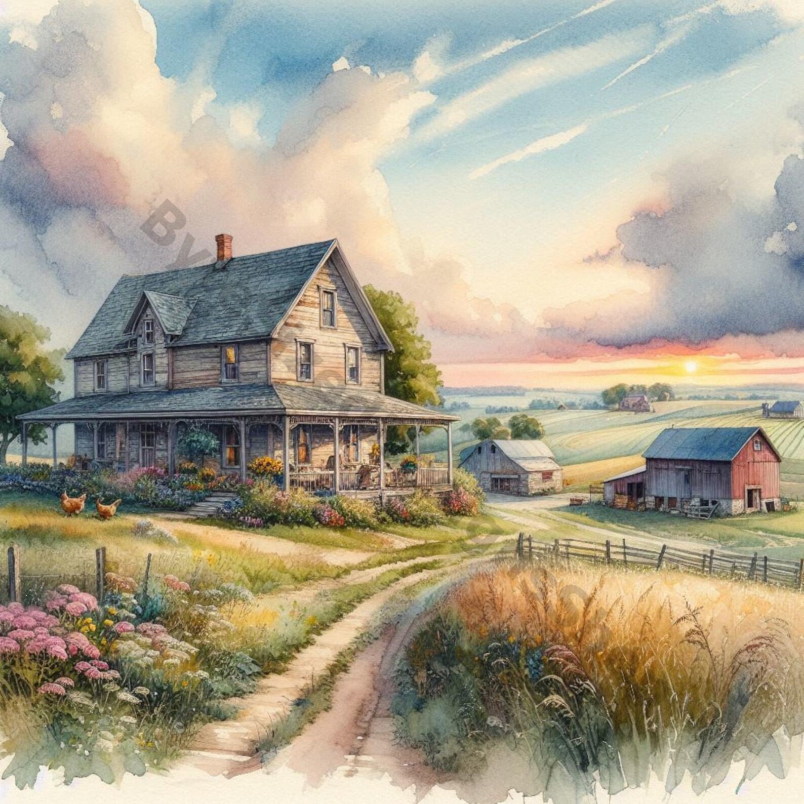 Farm House Clip Art Set -10 High Res Watercolor Jpgs for Junk ...