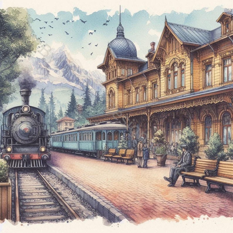 Watercolor Train Station Clip Art: High-res Jpgs (digital Download) - Etsy