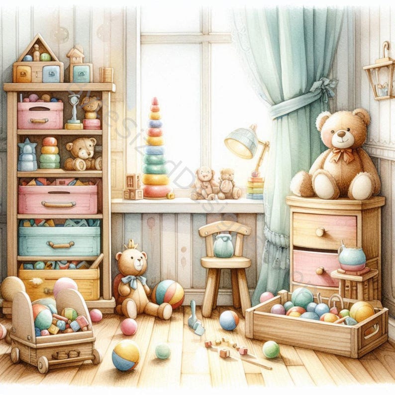 Toy Room Watercolor Clipart: Whimsical Nursery Art (digital Download ...
