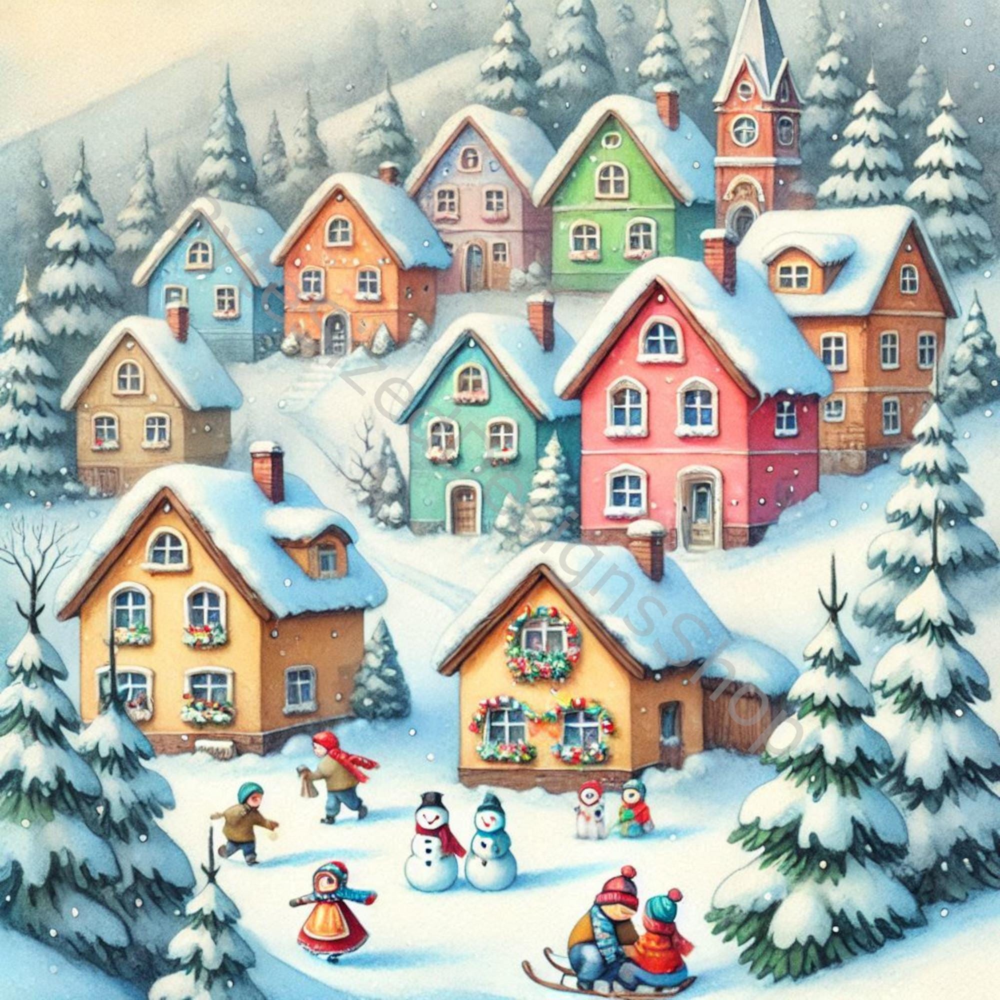 Snowy Hillside Christmas Village Clip Art Set 10 High Res Watercolor ...