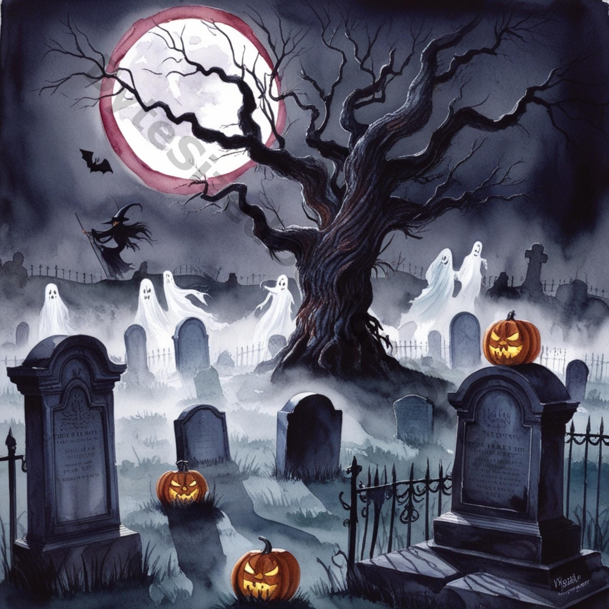 Watercolor Halloween Clip Art: Spooky Night Scene (digital Download) - Etsy