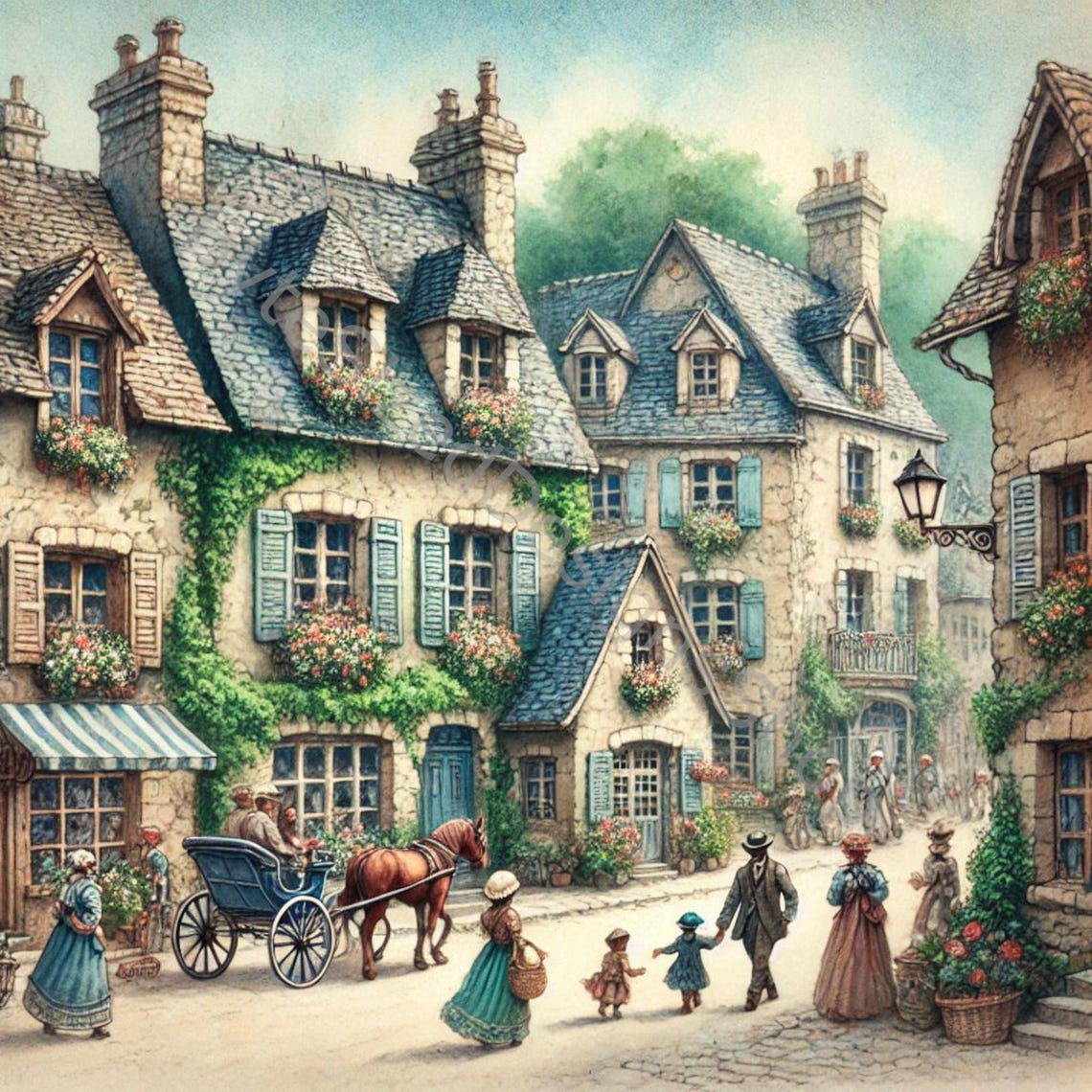 Watercolor Retro Townscapes Clip Art: High-res Jpgs (digital Download ...