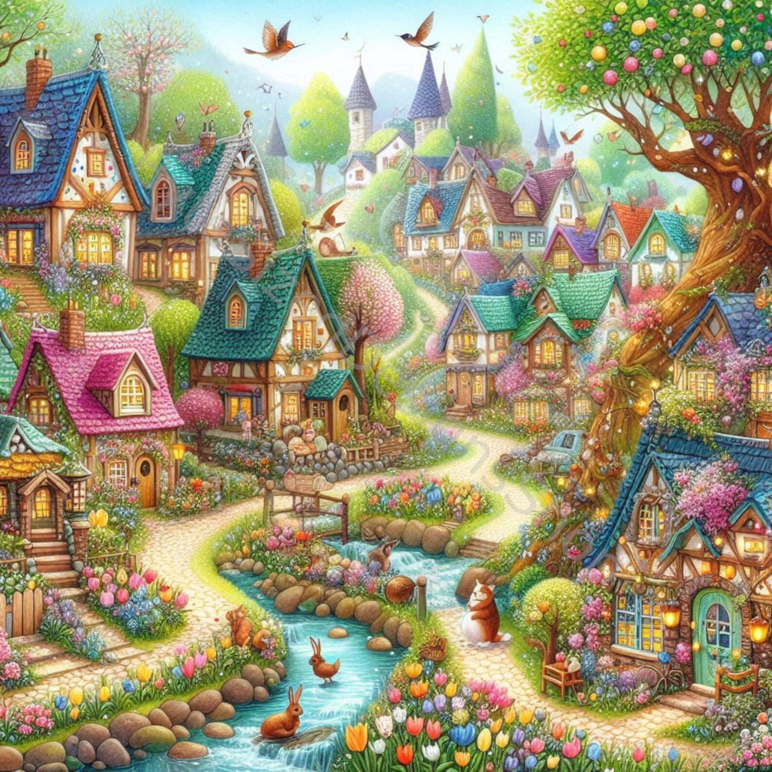 Fairy Tale Village Clip Art: Watercolor Cottagecore Images (digital ...