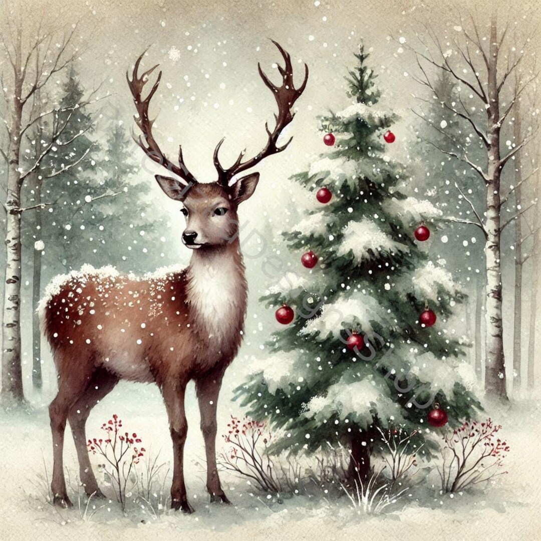 Deer Christmas Clip Art: Watercolor Winter Forest (digital Download) - Etsy