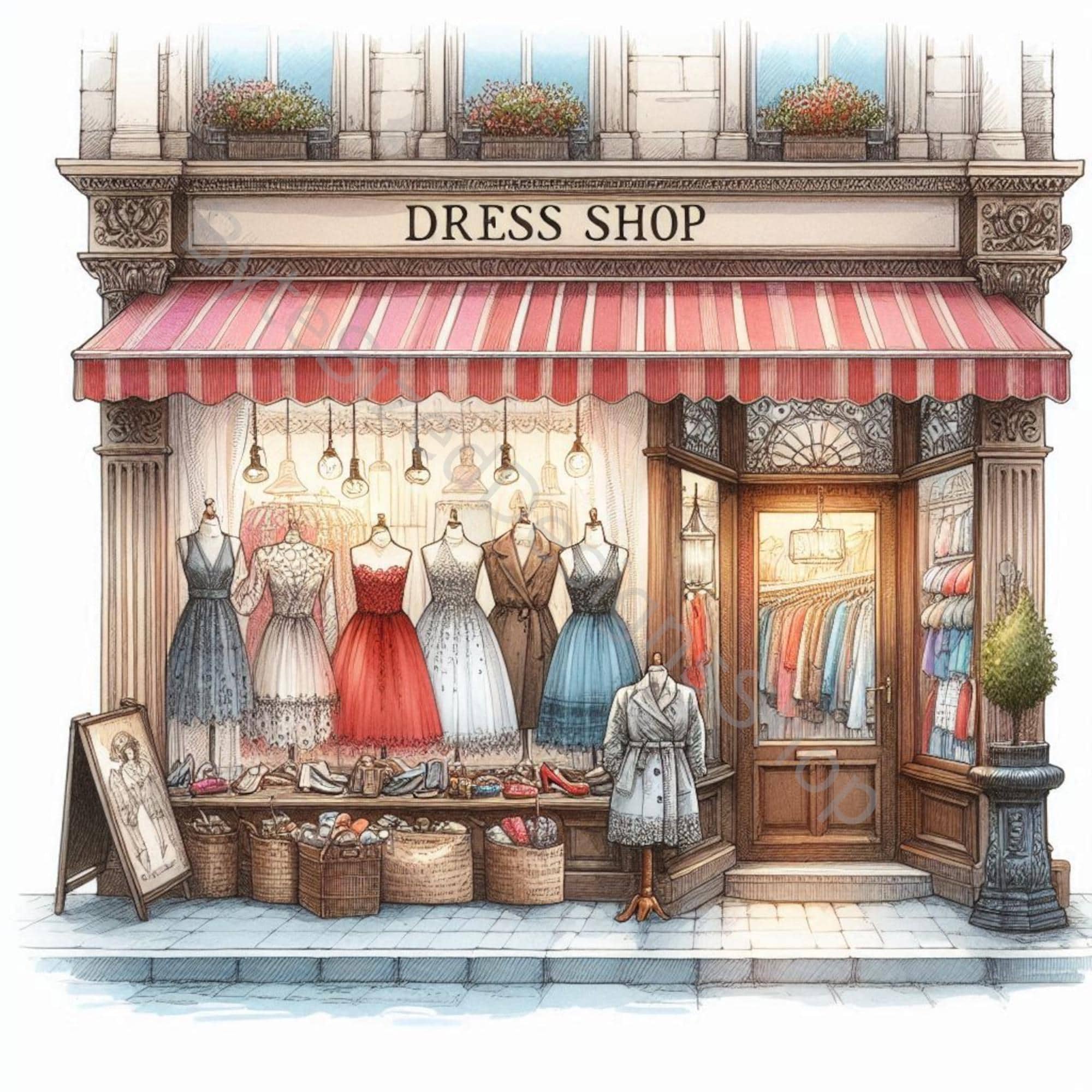 Dress Shop Watercolor Clipart: High-res Jpgs for Scrapbooking (digital ...