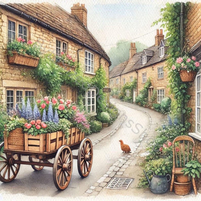 English Village Charm Clip Art Set 10 High Res Watercolor Jpgs for Junk ...