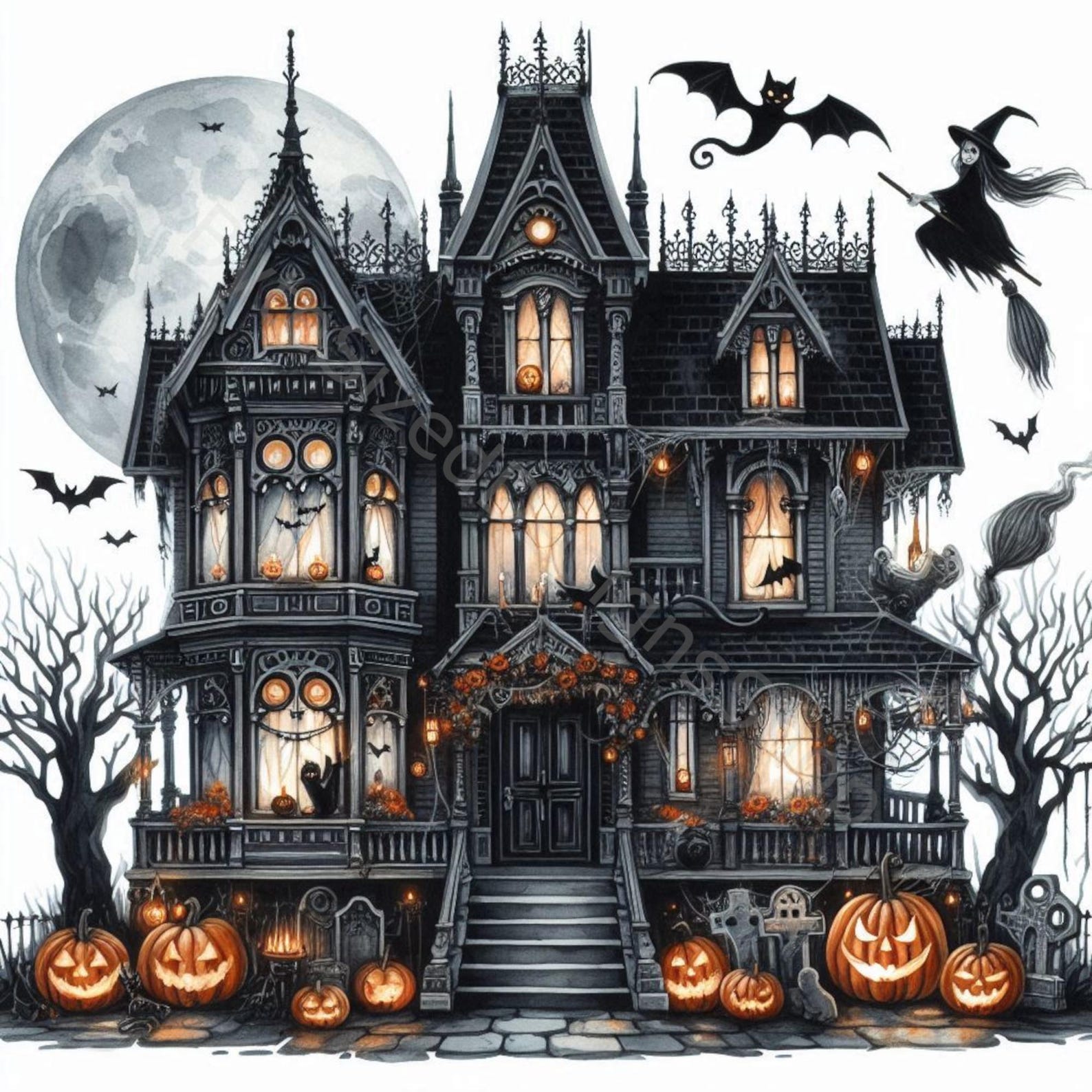 Halloween House Watercolor Clip Art: 10 High-res Jpgs (digital Download ...