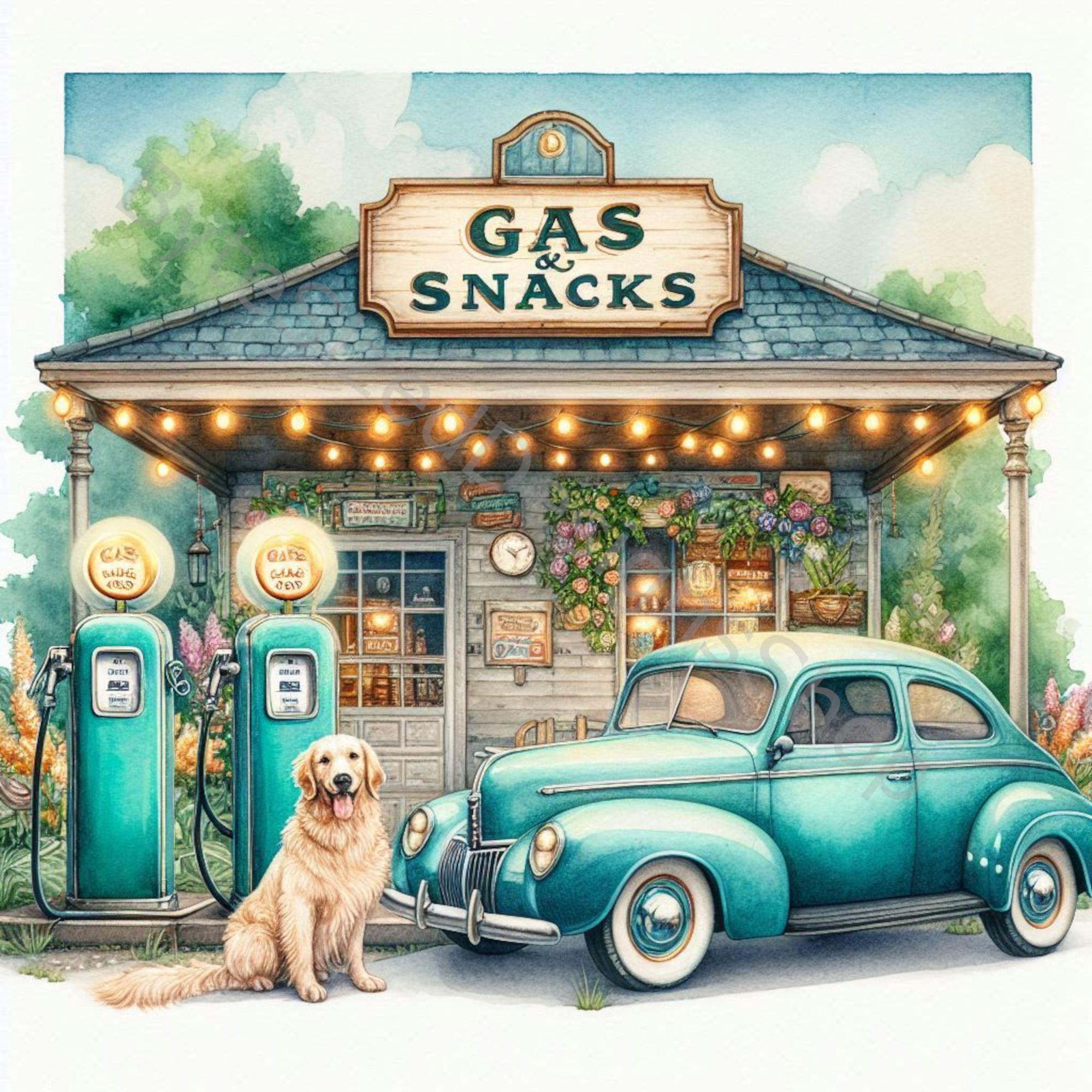 Retro Gas Station Clip Art Set 10 High Res Watercolor Jpgs for Junk ...