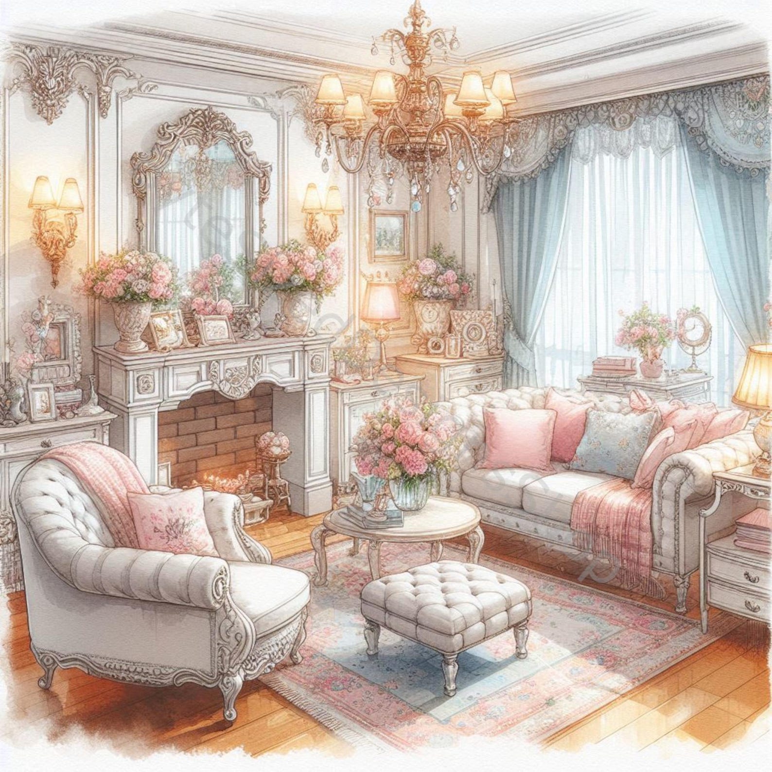 Shabby Chic Living Room Watercolor Clipart Set (digital Download) - Etsy