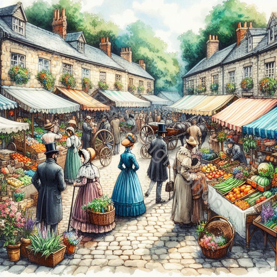 Victorian Market Day Watercolor Clipart: High-res Jpgs (digital ...