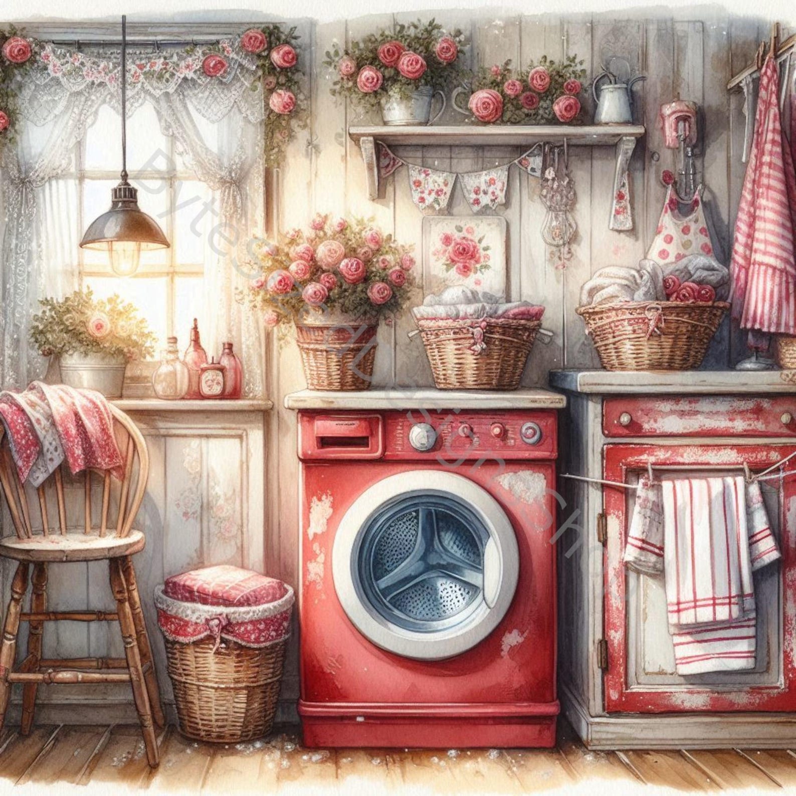 Red Laundry Room Watercolor Clipart: Junk Journal & Scrapbook (digital ...