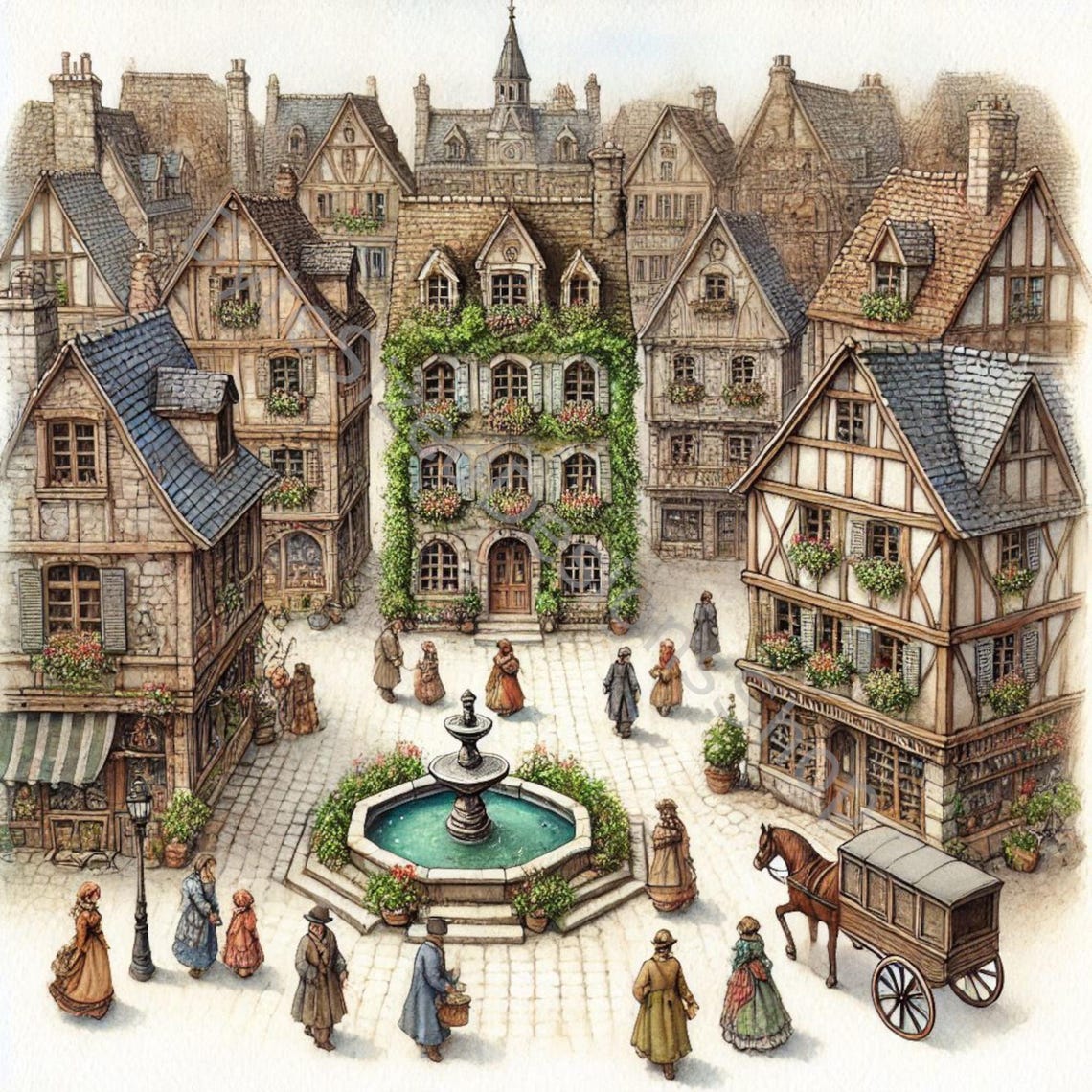Watercolor Retro Townscapes Clip Art: High-res Jpgs (digital Download ...