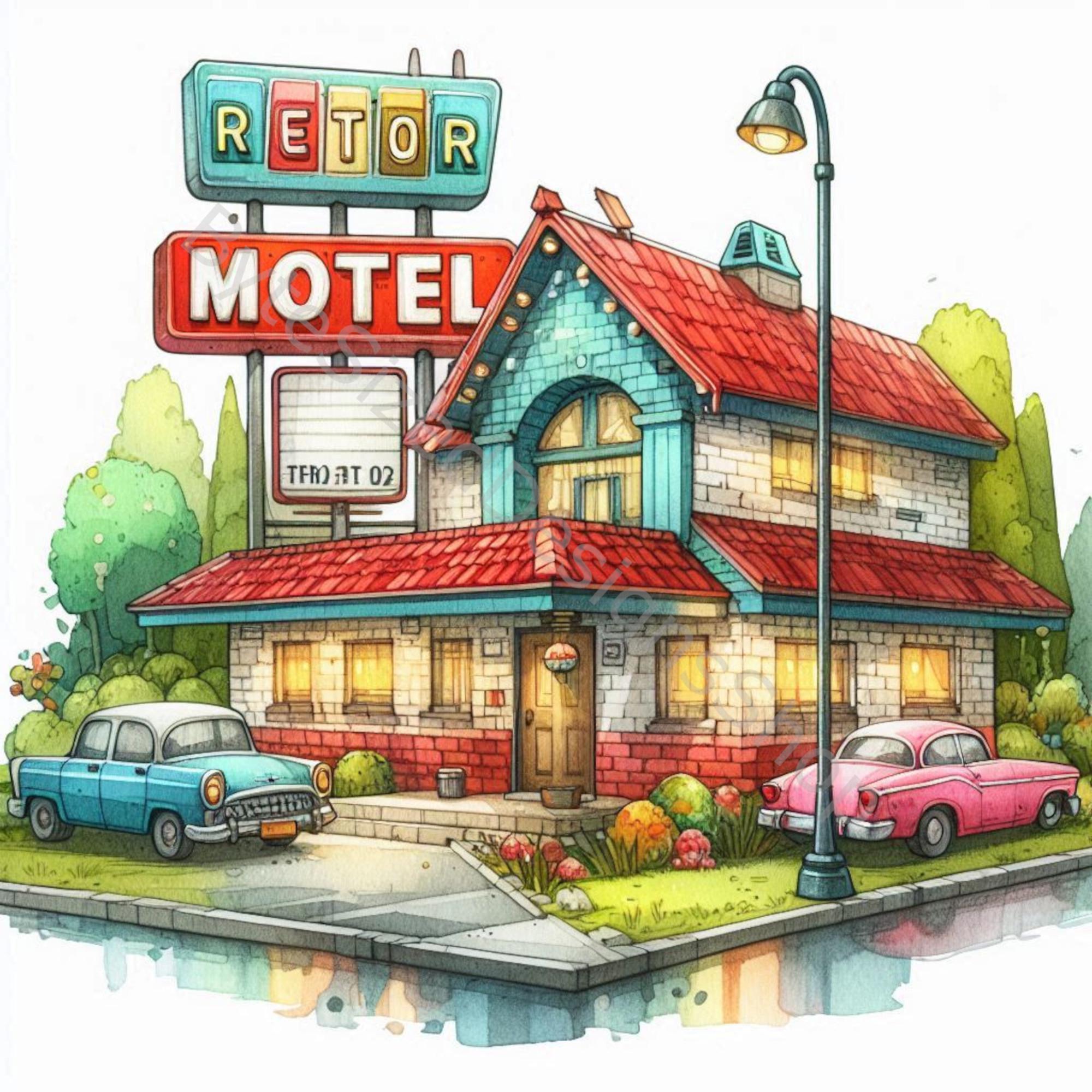Vintage Motel Watercolor Clip Art: High-res Jpgs (digital Download ...