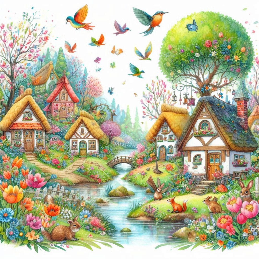 Fairy Tale Village Clip Art: Watercolor Cottagecore Images (digital ...