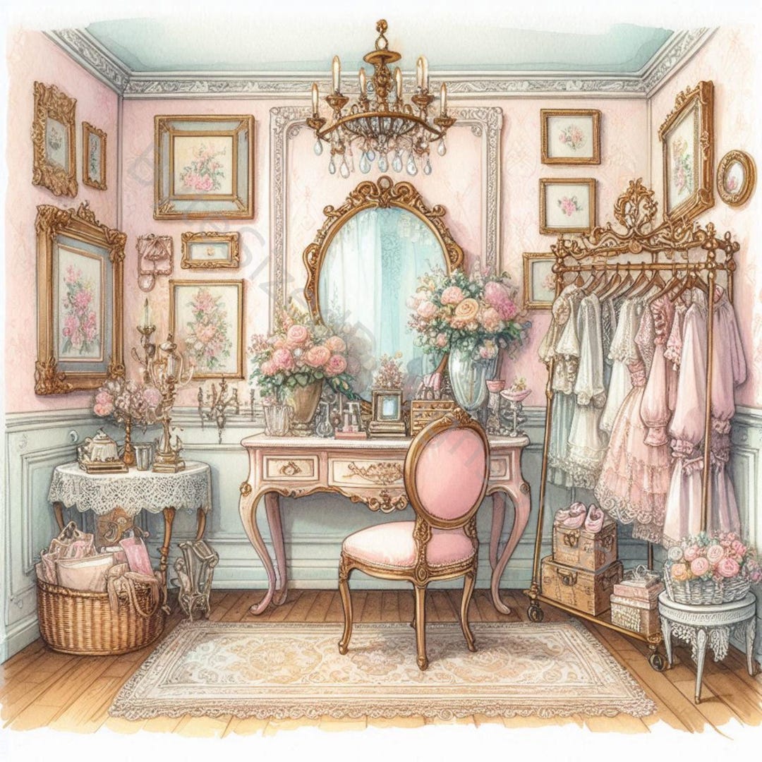 Parisian Dressing Room Watercolor Clipart: High-res Jpgs (digital ...
