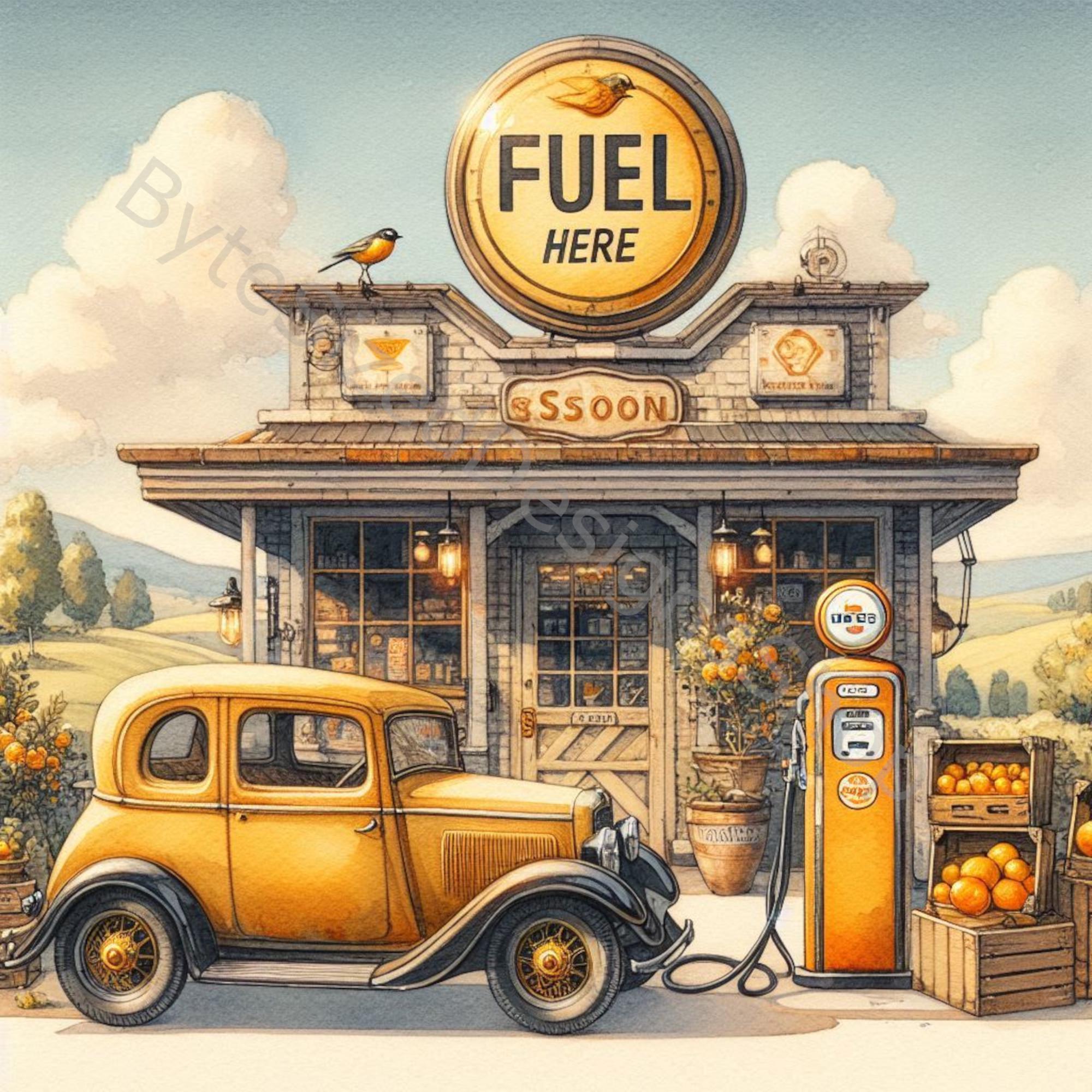 Retro Gas Station Watercolor Clipart: Junk Journal Ephemera (digital ...