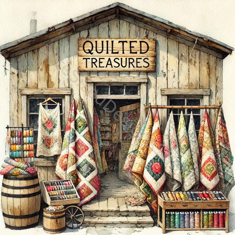 Quilt Shop Clip Art Set 10 High Res Watercolor Jpgs for Junk Journaling ...