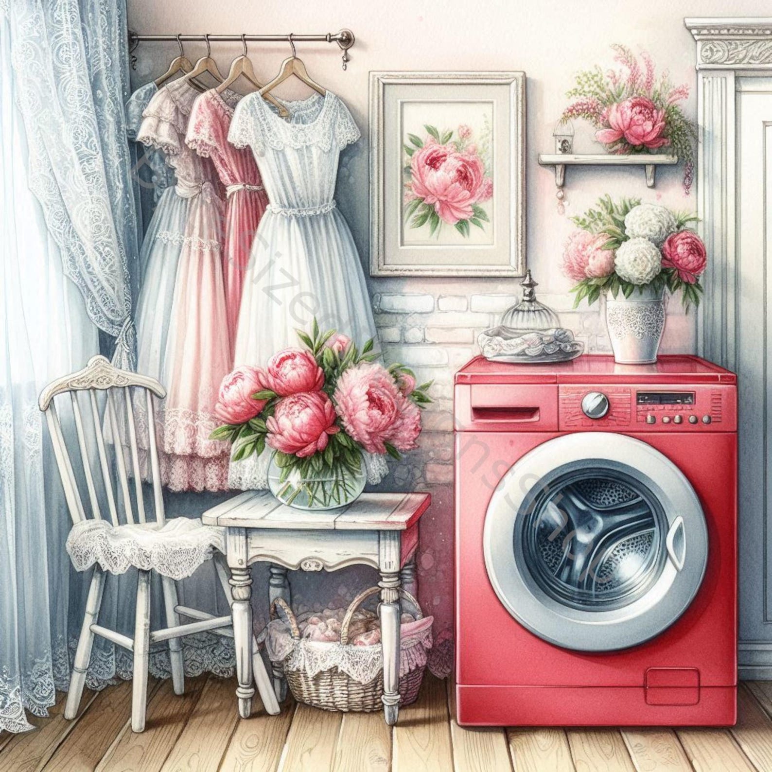 Red Laundry Room Watercolor Clipart: Junk Journal & Scrapbook (digital ...