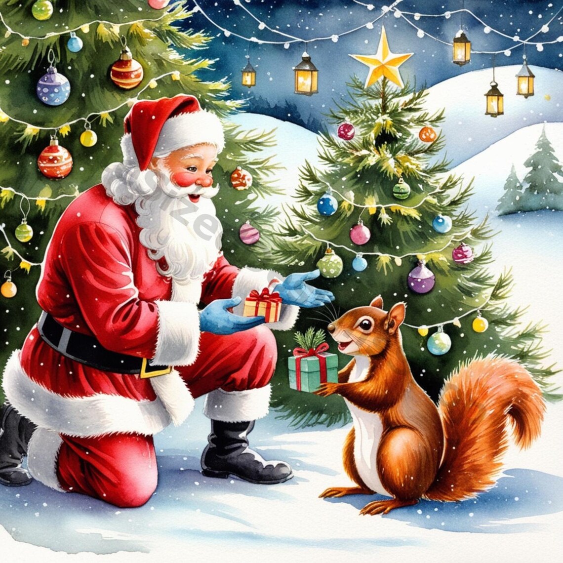 Santa Claus & Animals Watercolor Clipart: Christmas Jpgs (digital ...