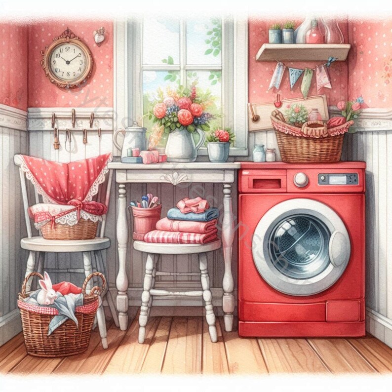 Red Laundry Room Watercolor Clipart: Junk Journal & Scrapbook (digital ...