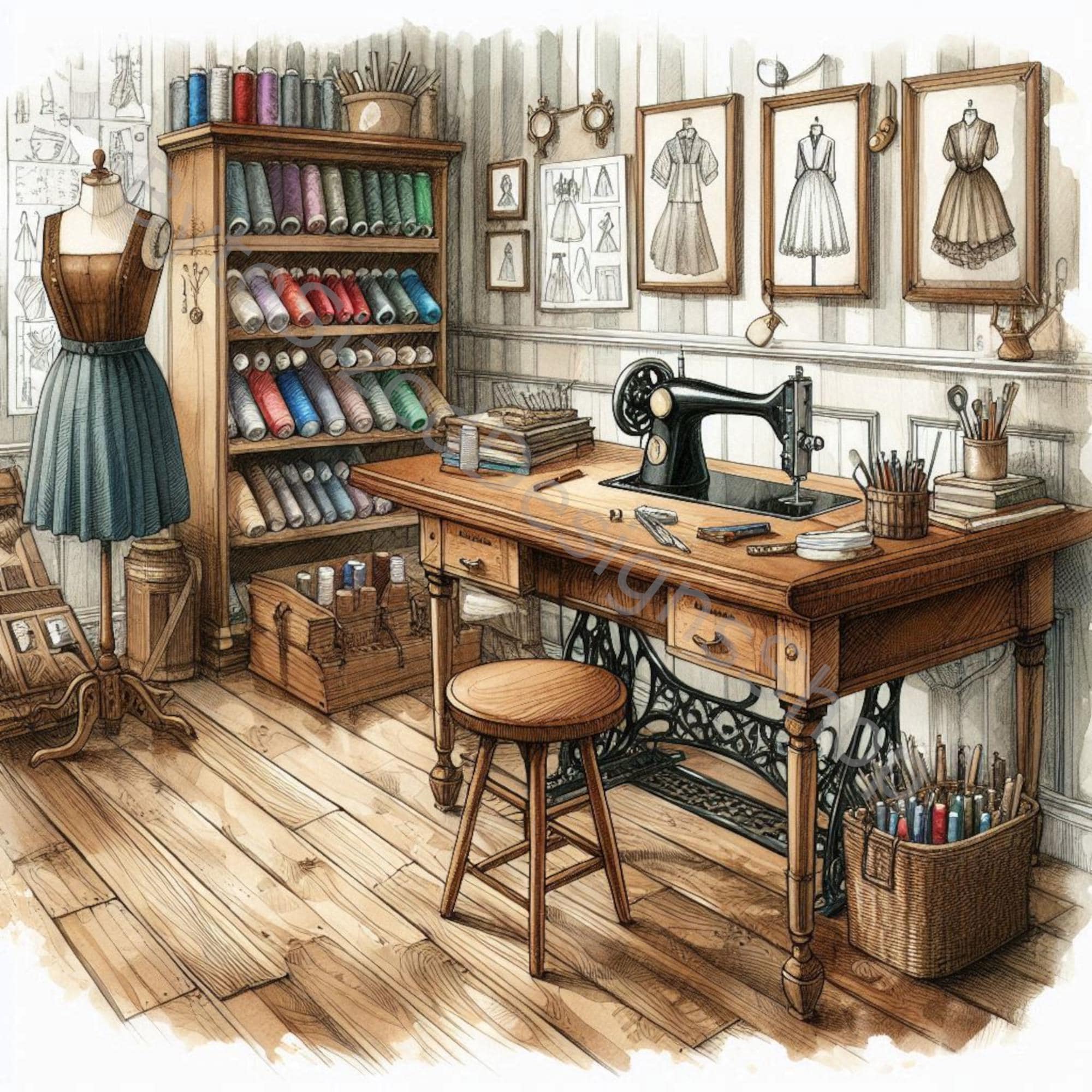 Tailor Room Clip Art: Vintage Watercolor Images (digital Download) - Etsy
