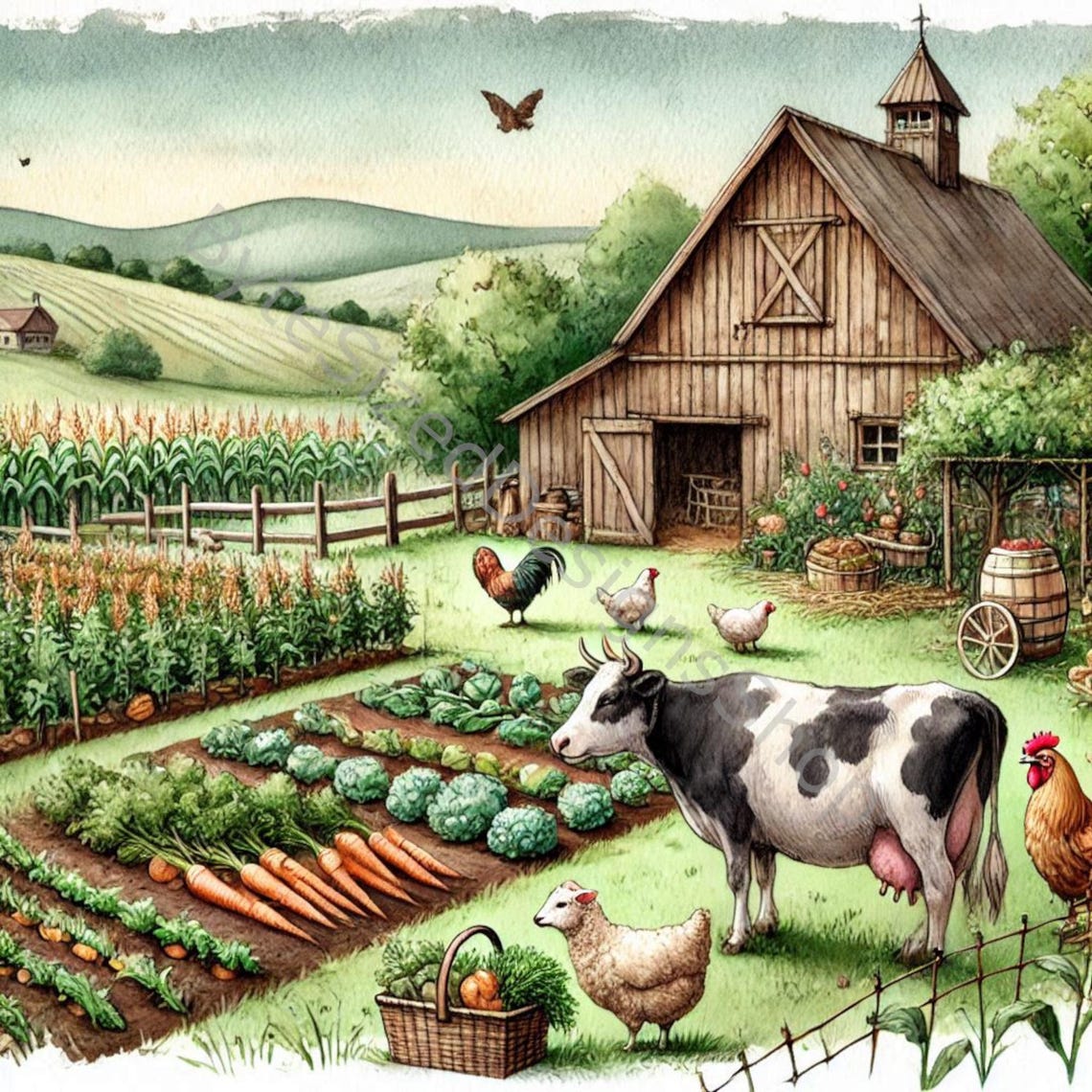 Watercolor Farm Clip Art Set: Countryside Scenes (digital Download) - Etsy