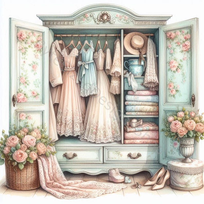 Image clipart garde-robe shabby chic : fichiers JPG aquarelles ...