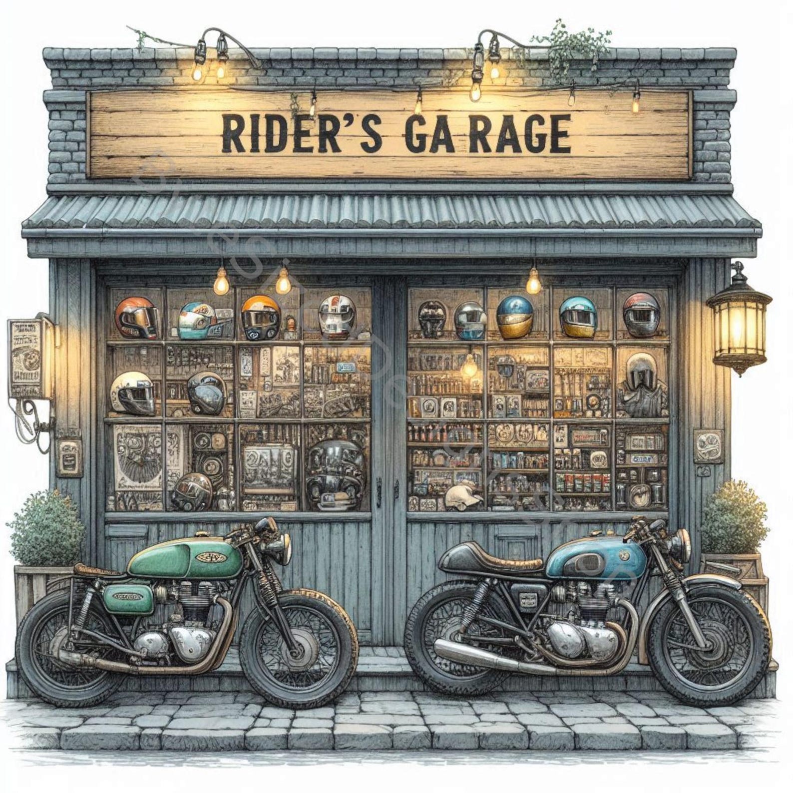 Motorcycle Shop Watercolor Clip Art: Retro Scooter Designs (digital ...