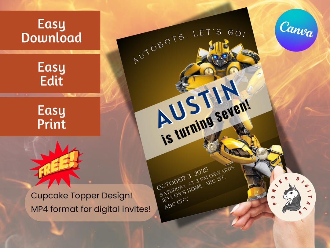 Bumblebee Transformers Birthday Invitation, Editable Canva Template ...