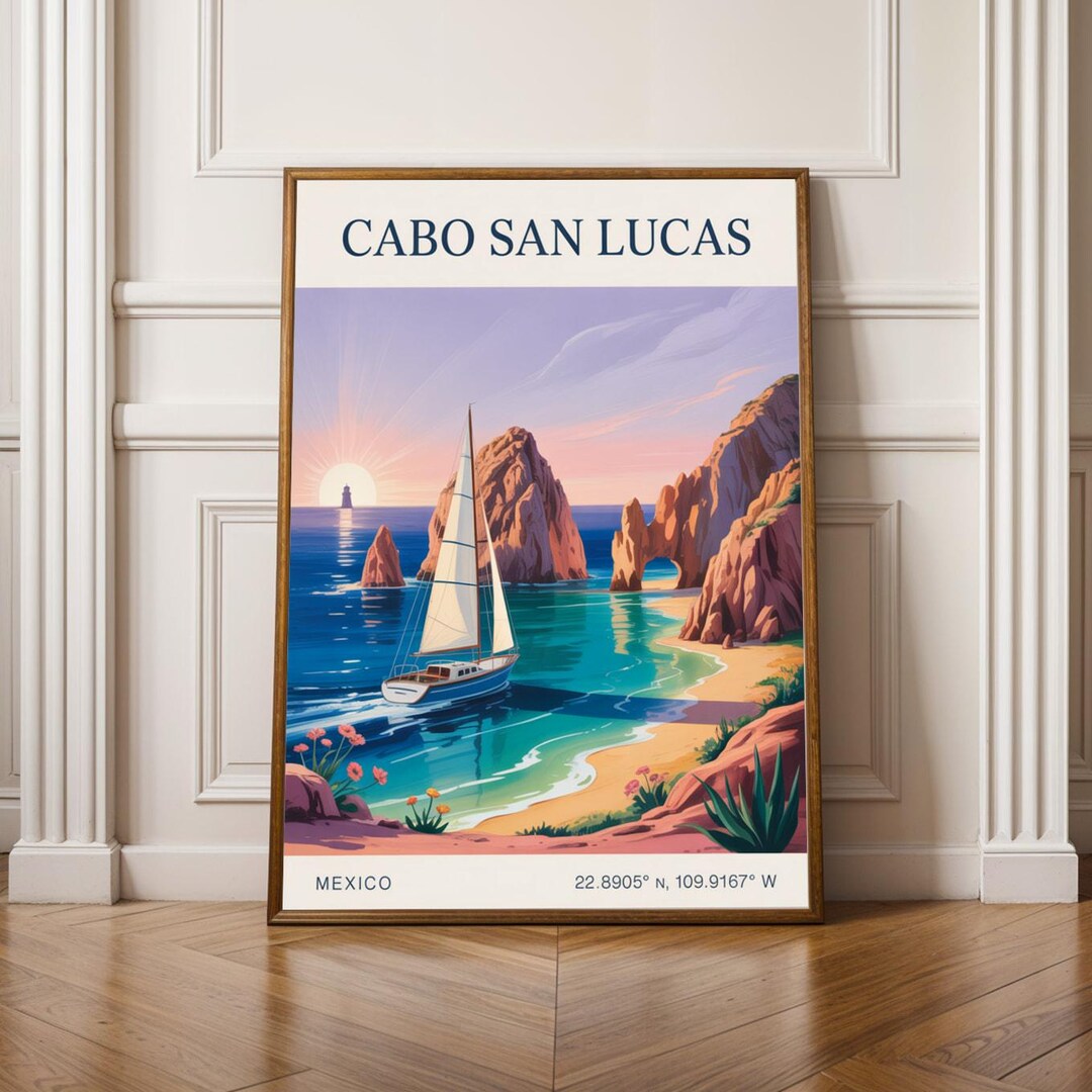Cabo San Lucas Art Print – Coastal Sailboat in Sunset Waters, Teal and ...