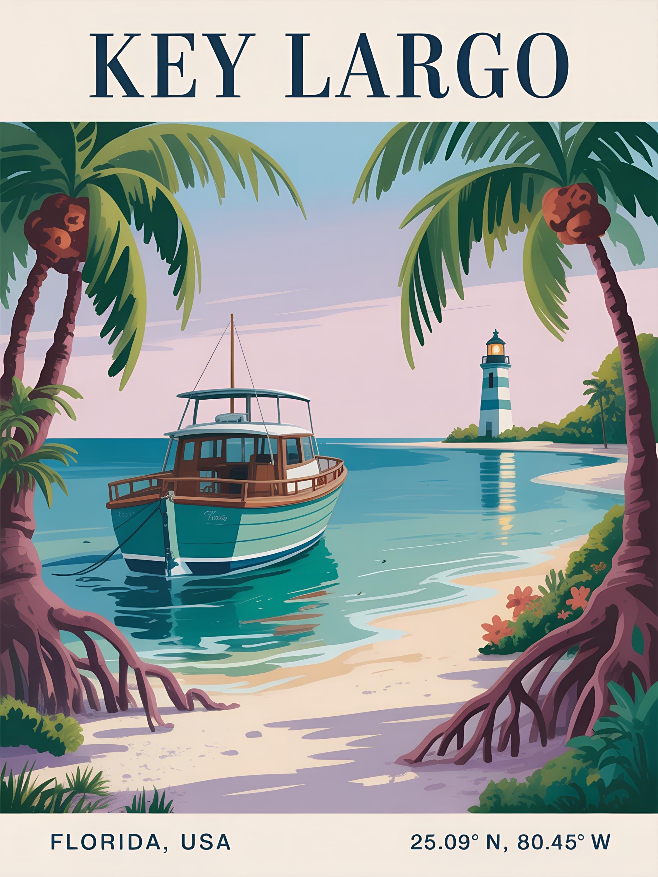 Key Largo Art Print – Cozy Coastal Boat, Palm Trees, Lighthouse, Mixed ...