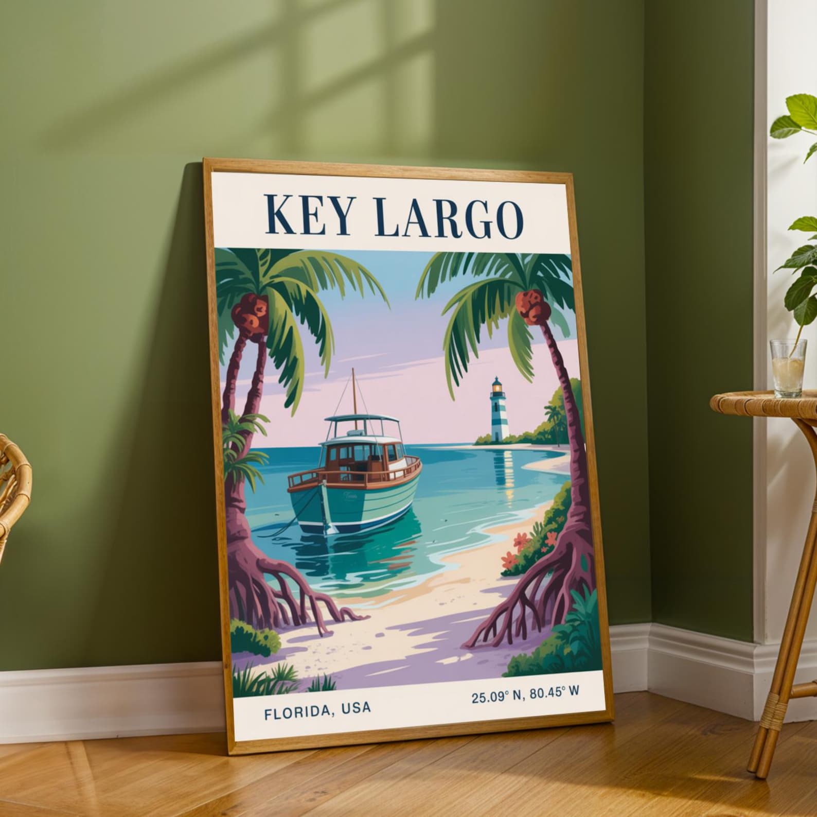 Key Largo Art Print – Cozy Coastal Boat, Palm Trees, Lighthouse, Mixed ...