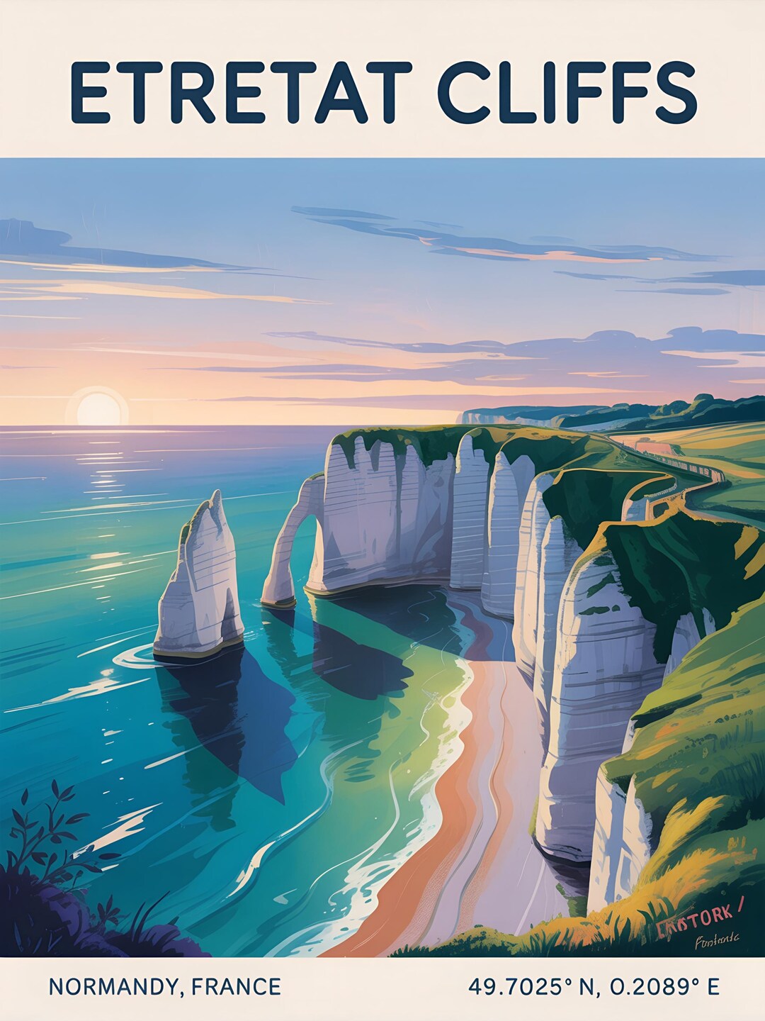 Etretat Cliffs Art Print – Gouache Style, Blue Teal Sky and Cream ...