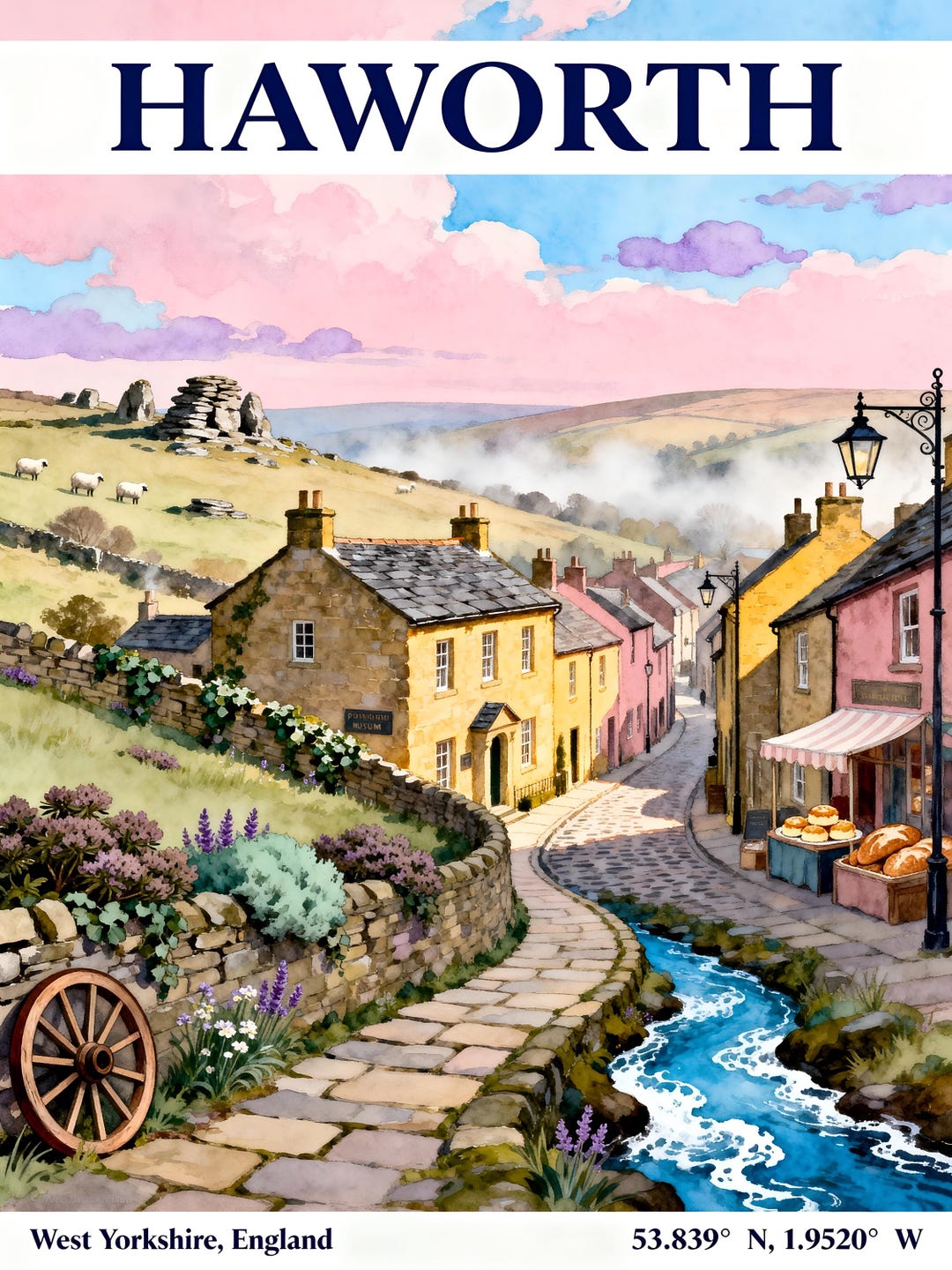 Haworth Art Print – Mixed Media Style, West Yorkshire Village Scene ...