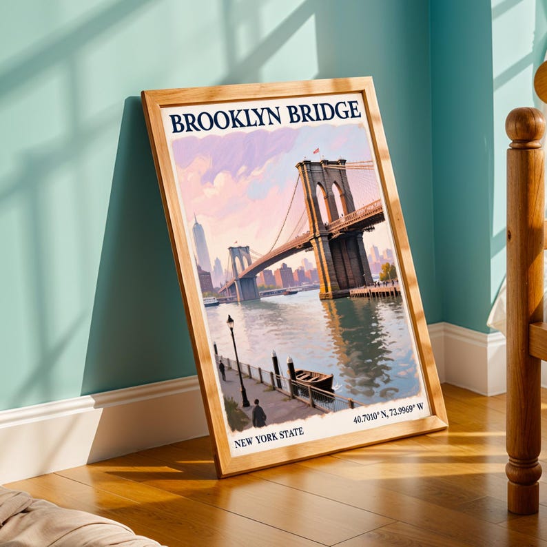 Brooklyn Bridge Art Print — Airbrush Sunset, Warm Pink Peach Lavender ...