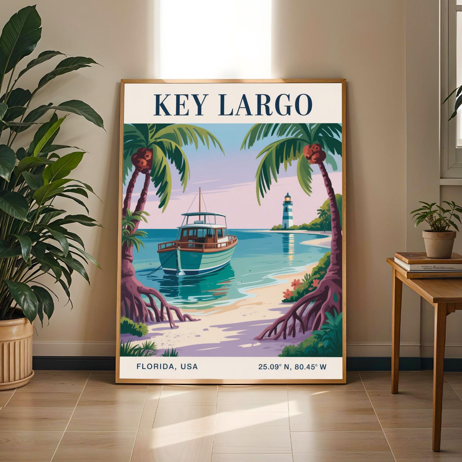 Key Largo Art Print – Cozy Coastal Boat, Palm Trees, Lighthouse, Mixed ...