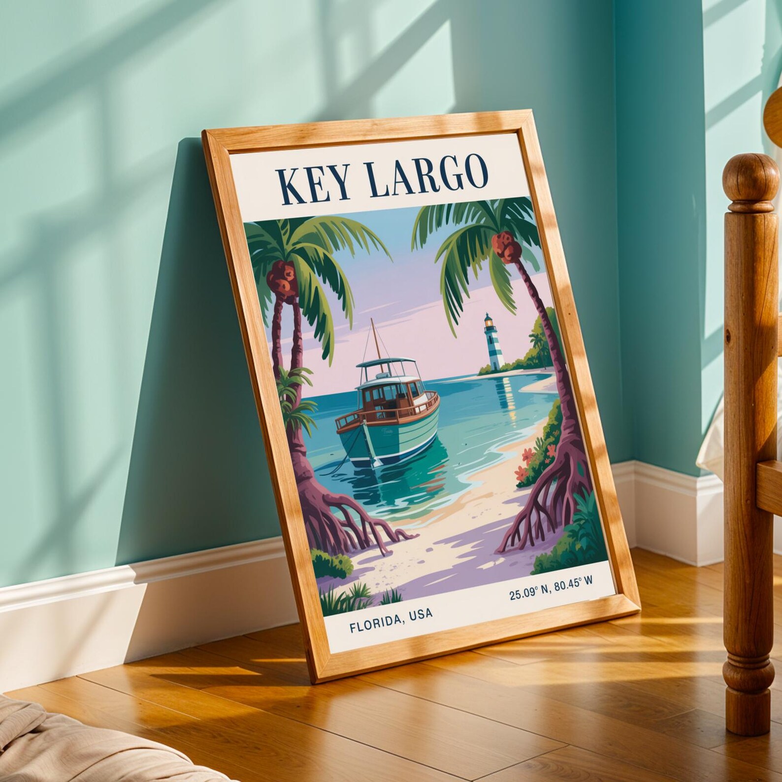 Key Largo Art Print – Cozy Coastal Boat, Palm Trees, Lighthouse, Mixed ...
