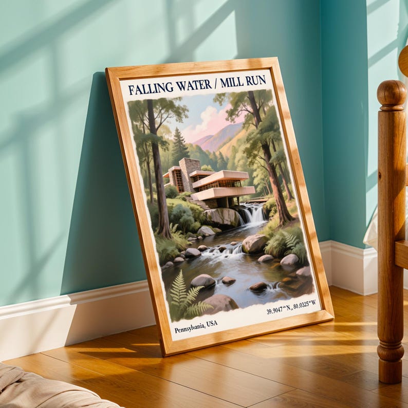Falling Water Art Print – Modernist House by Stream, Beige Tones, Mixed ...