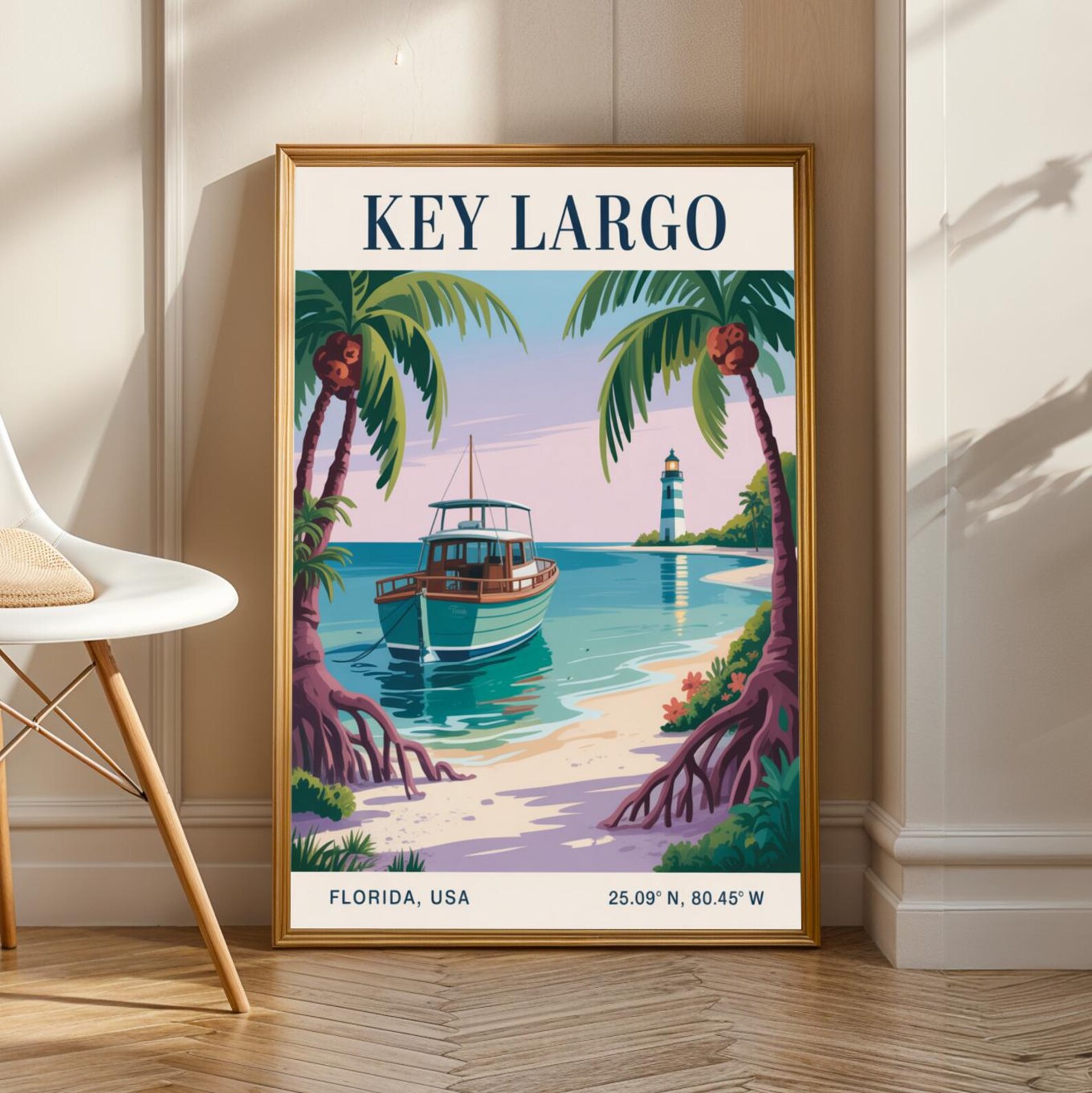 Key Largo Art Print – Cozy Coastal Boat, Palm Trees, Lighthouse, Mixed ...