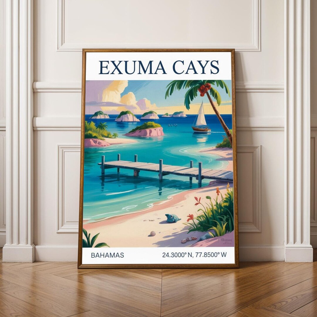 Exuma Cays Poster – Tropical Gouache Style, Blue Turquoise Sea and Pink ...