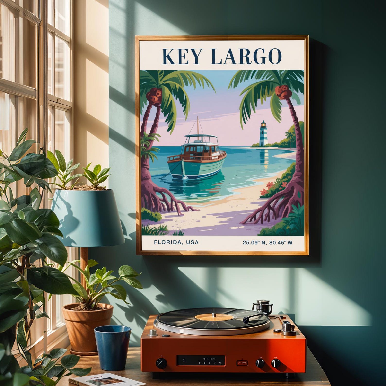 Key Largo Art Print – Cozy Coastal Boat, Palm Trees, Lighthouse, Mixed ...