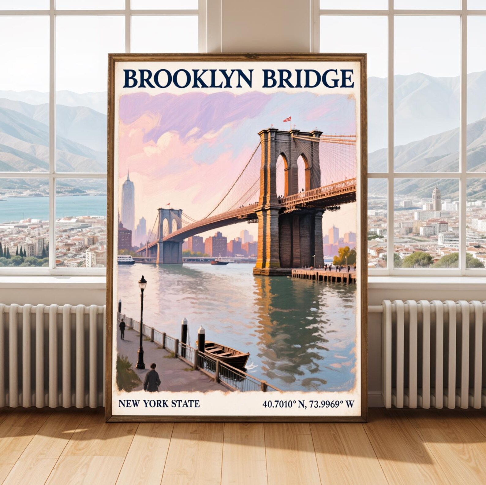 Brooklyn Bridge Art Print — Airbrush Sunset, Warm Pink Peach Lavender ...