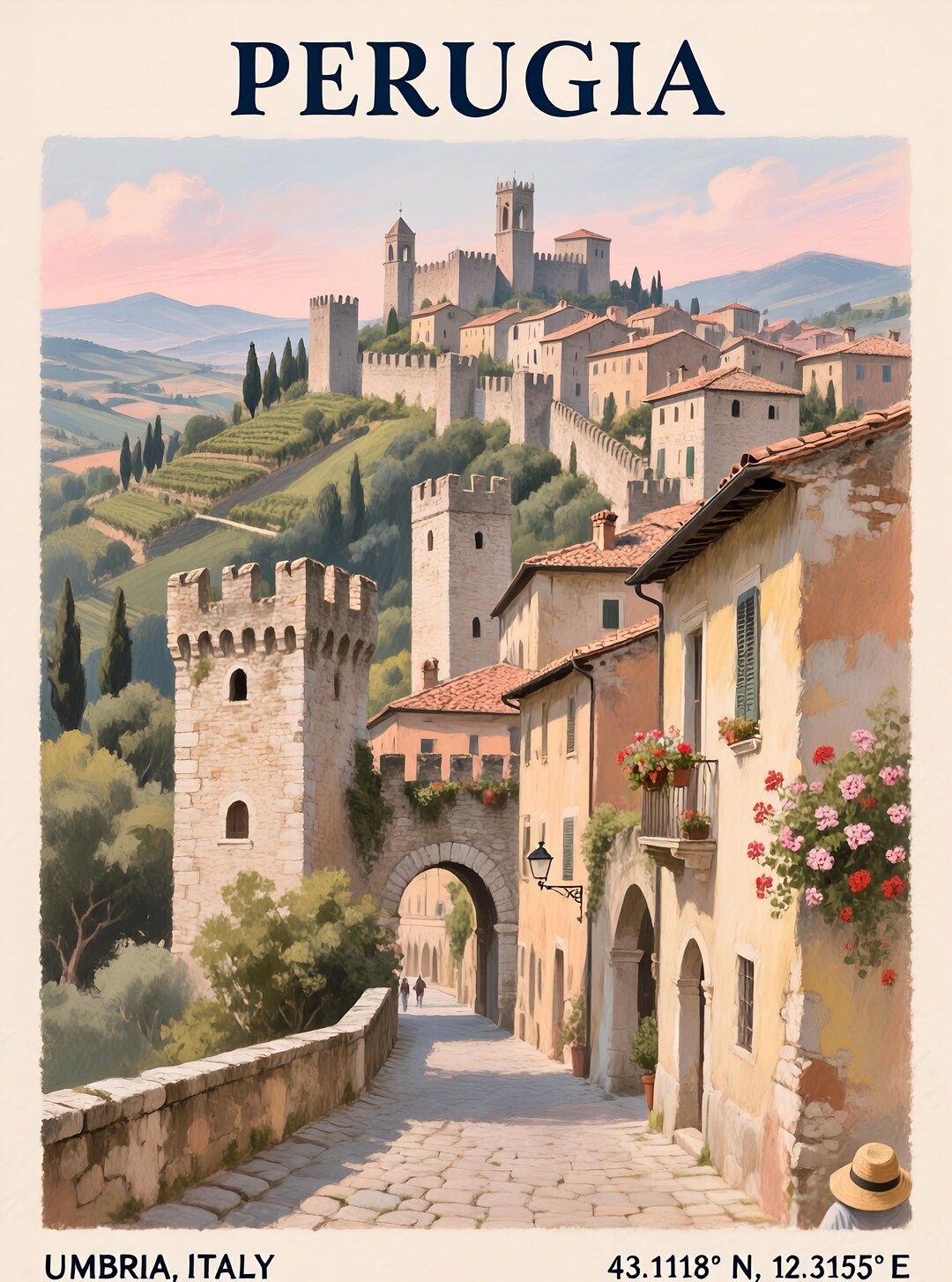 Umbria Poster – Perugia Hill Town, Stone Beige Terracotta Sage Green ...