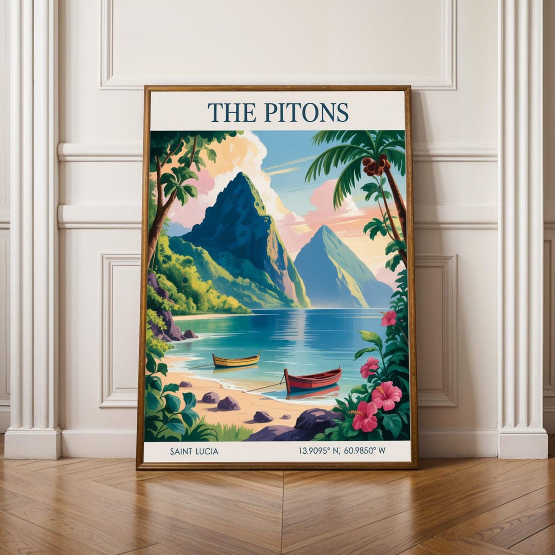 Saint Lucia the Pitons Art Print – Tropical Mountains, Blue Water, Pink ...
