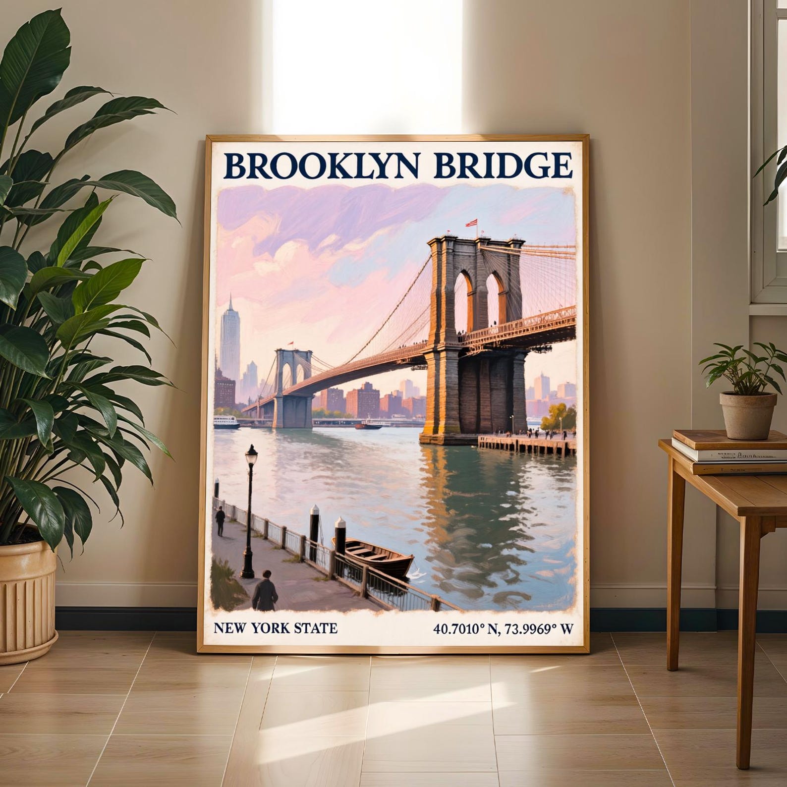 Brooklyn Bridge Art Print — Airbrush Sunset, Warm Pink Peach Lavender ...