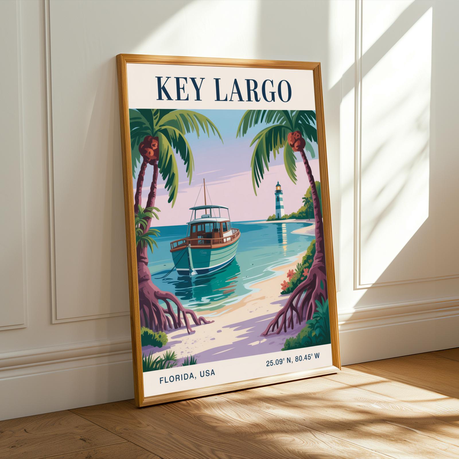 Key Largo Art Print – Cozy Coastal Boat, Palm Trees, Lighthouse, Mixed ...